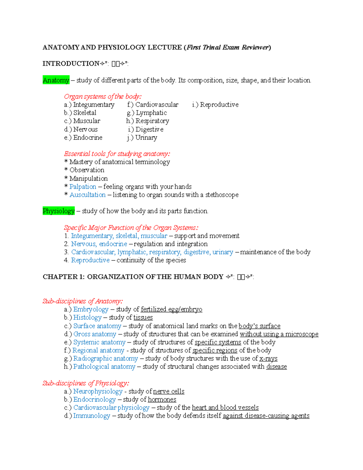 Anaphy LEC Reviewer - ANATOMY AND PHYSIOLOGY LECTURE (First Trinal Exam ...
