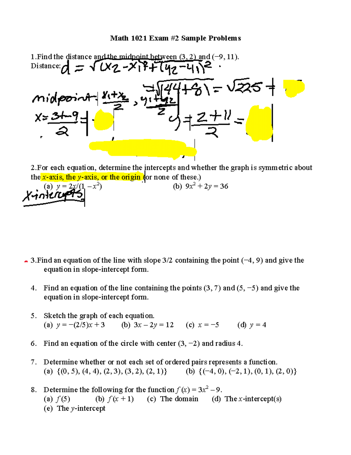 Math 1021 Exam 2 Sample Problems Math 1021 Exam 2 Sample Problems 1