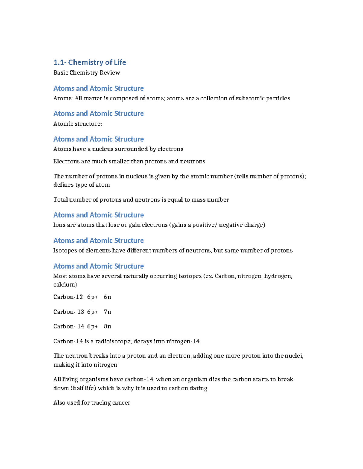 Reformatted Biochemistry Notes - 1- Chemistry of Life Basic Chemistry ...