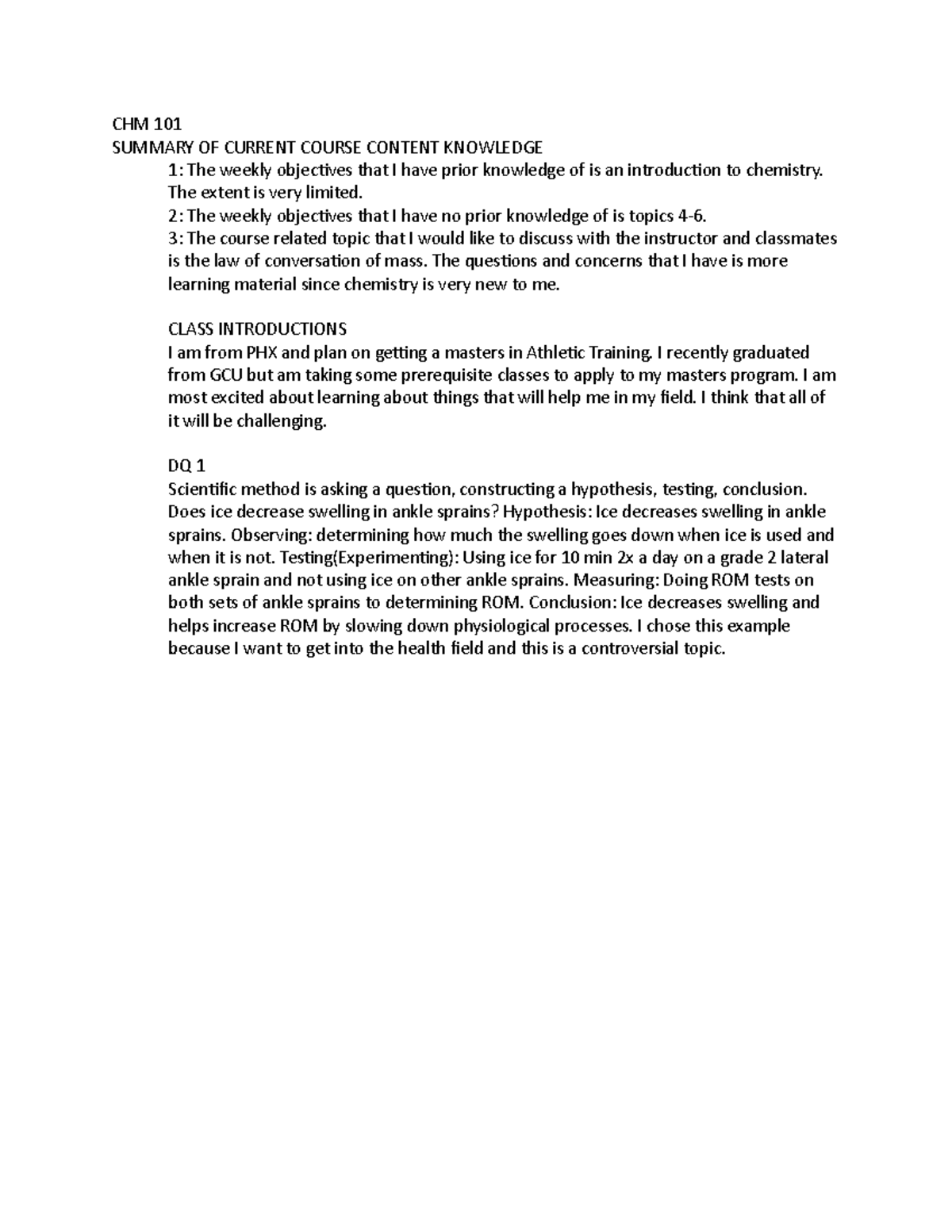 CHM 101 - Classwork for online - CHM 101 SUMMARY OF CURRENT COURSE ...