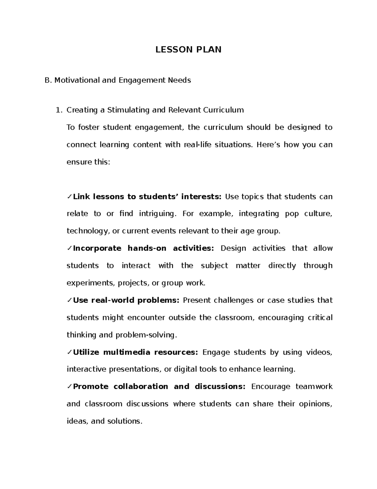 LEARNER DIVERSITY - LESSON PLAN B. Motivational and Engagement Needs 1 ...