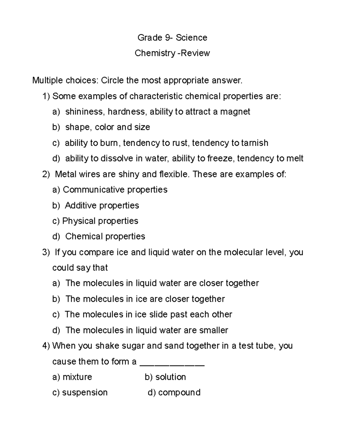 2024-Chemistry- Review - Grade 9- Science Chemistry -Review Multiple ...