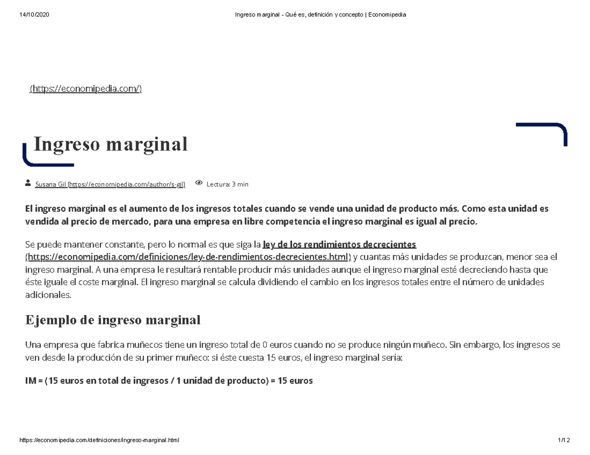 Ingreso marginal - Qué es, definición y concepto Economipedia - Susana ...