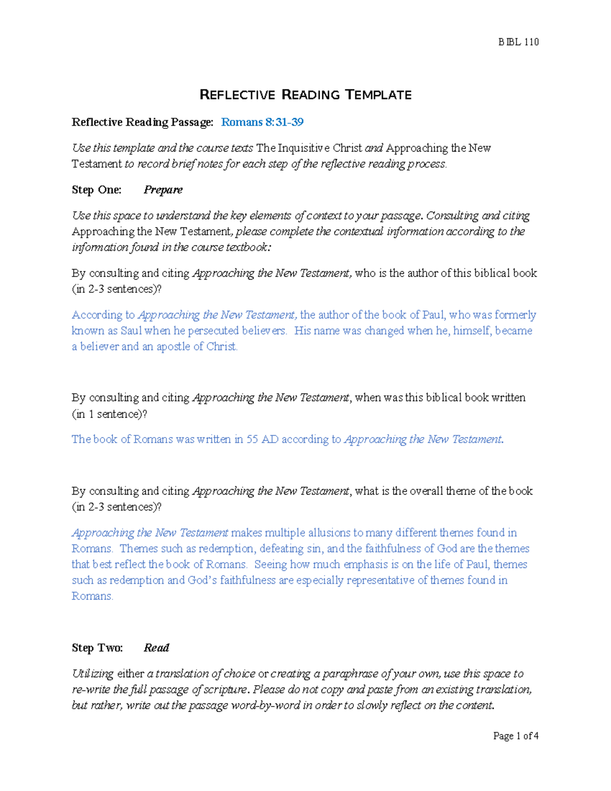 Reflective Reading john - REFLECTIVE READING TEMPLATE Reflective ...