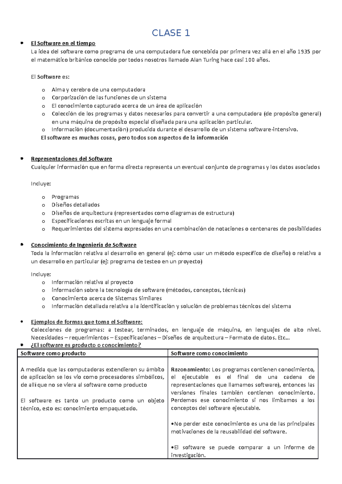 Clase 1 resumen - CLASE 1 El Software en el tiempo La idea del software ...