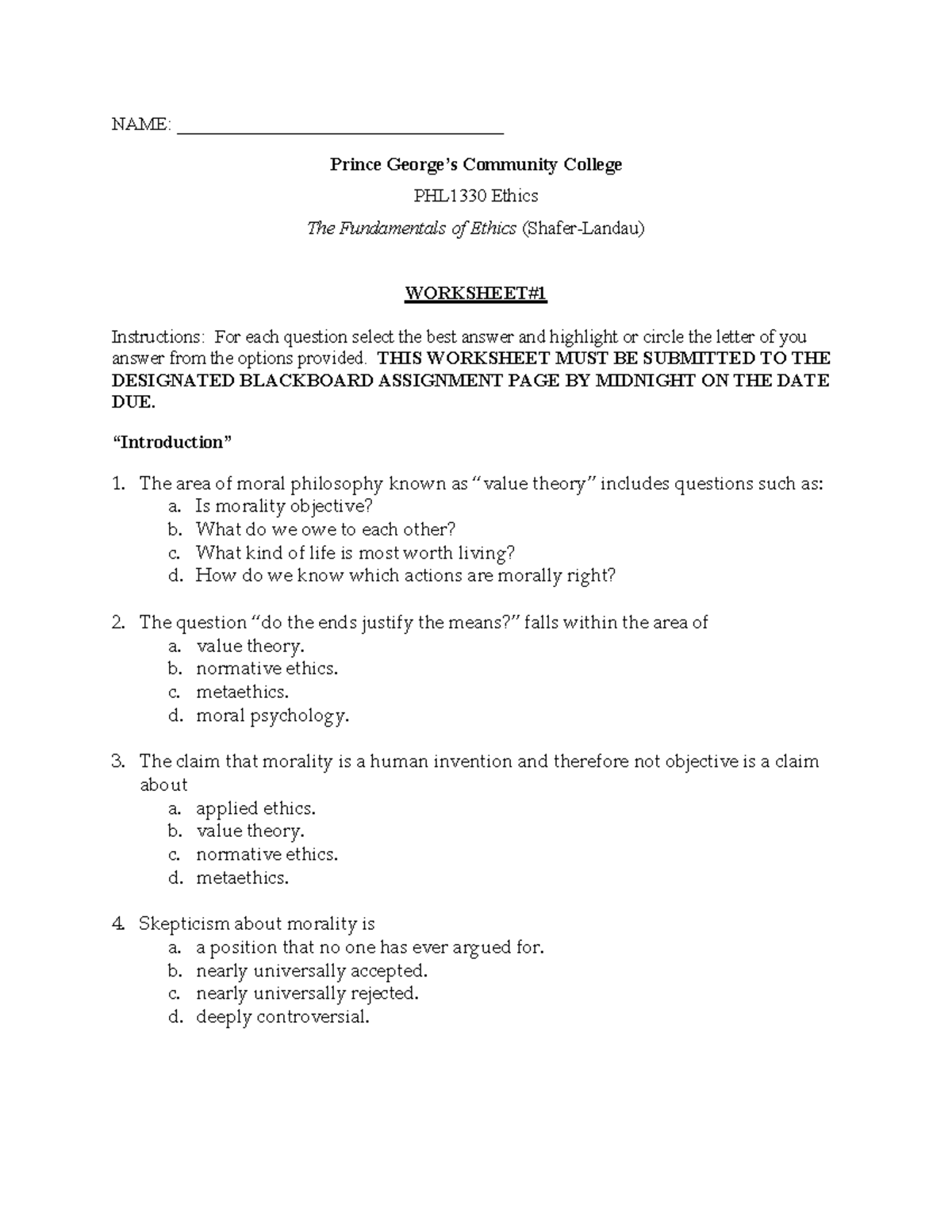 Worksheet 1 (Summer, Intro. and The Good Life) - NAME