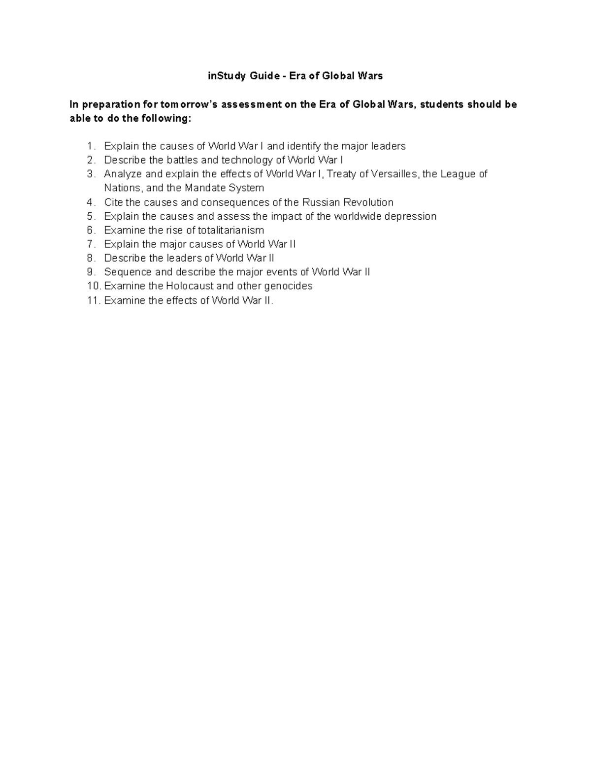 Study Guide - Era of Global Wars Helpful Guide - HIST 2340 - GWU - Studocu