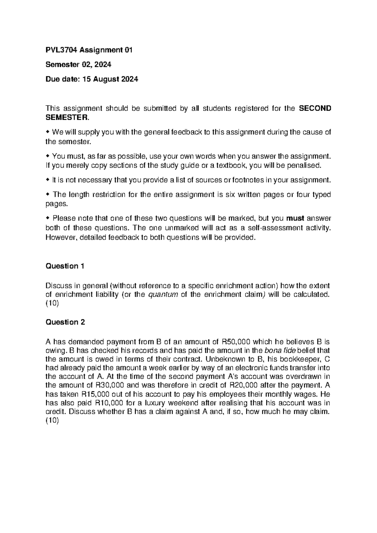 PVL3704 Assignment 01 Semester 2 2024 - PVL3704 Assignment 01 Semester 02, 2024 Due date: 15 ...