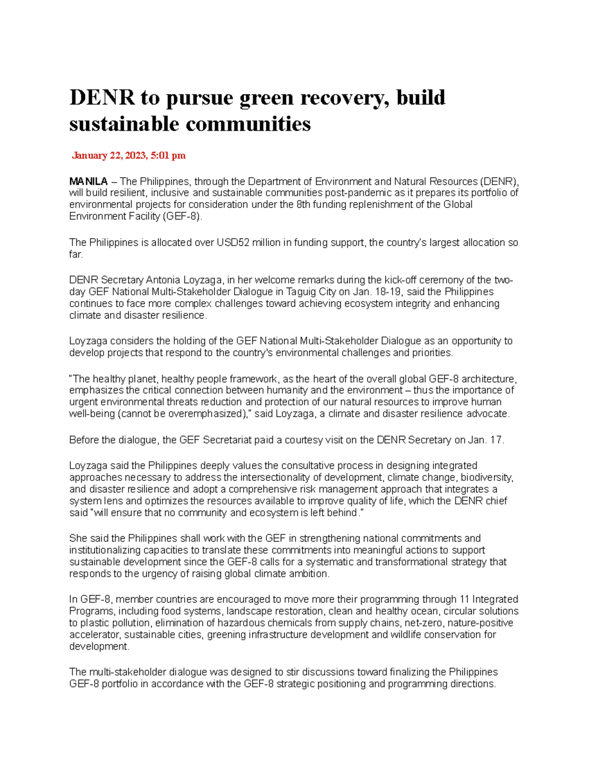 DENR to pursue green recover Whole Article - DENR to pursue green ...