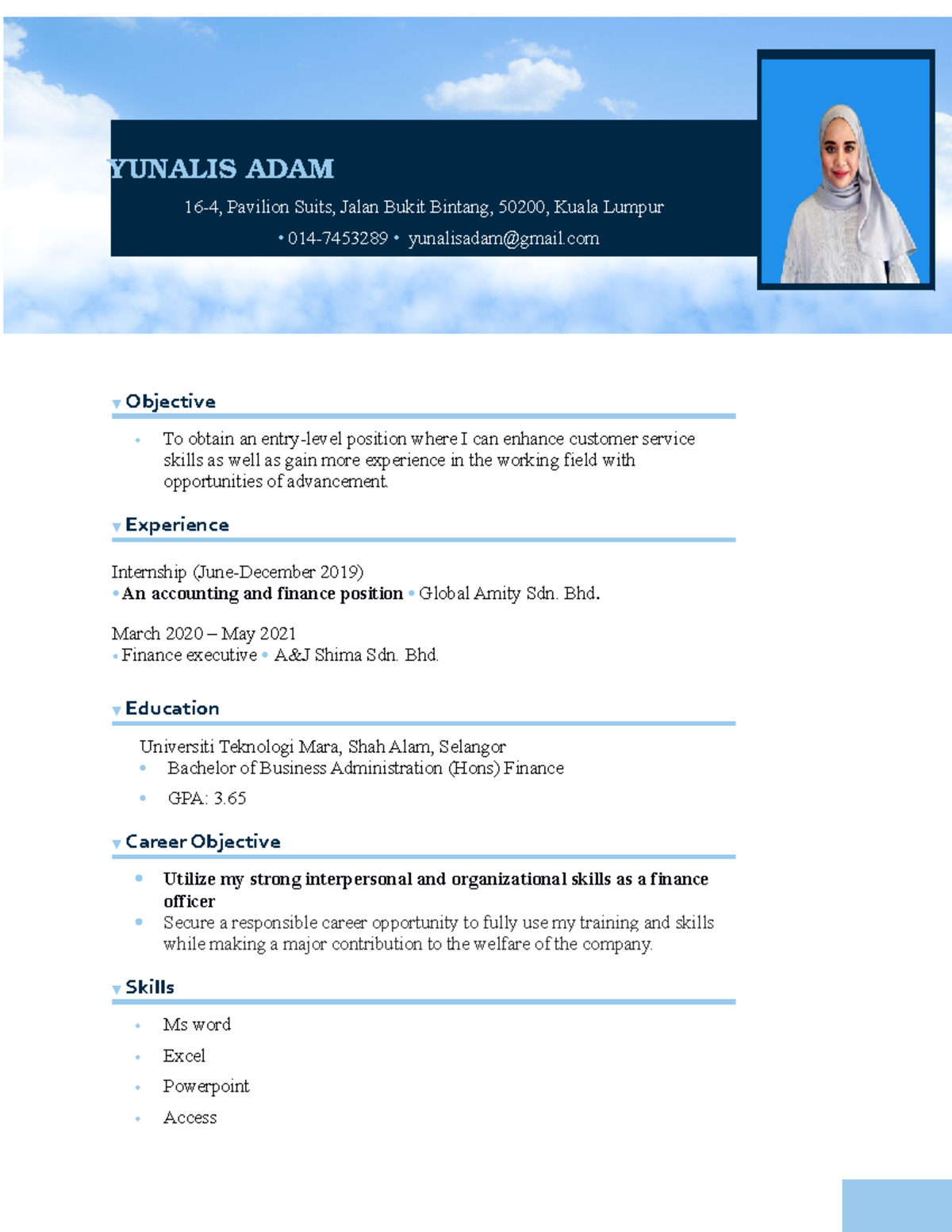 ASM452 (End User) Assignment Resume - YUNALIS ADAM 16-4, Pavilion Suits ...