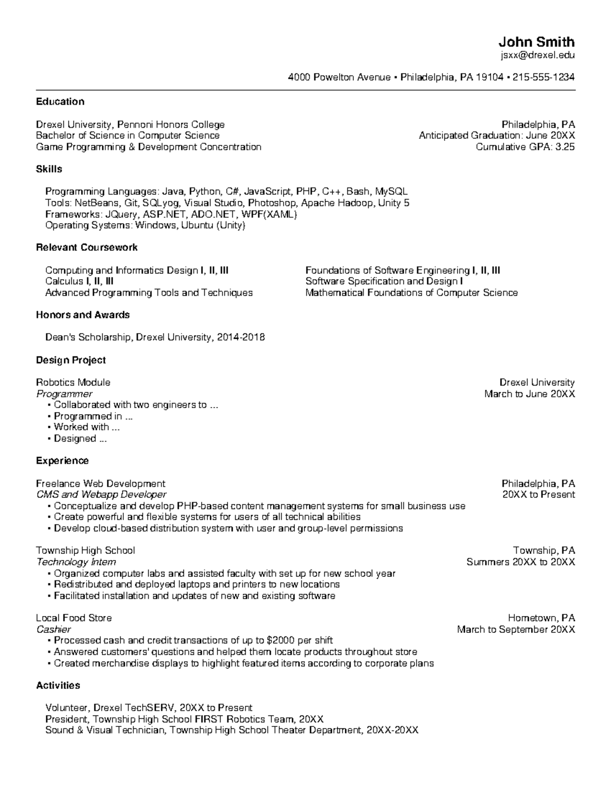 CCI Sample - John Smith jsxx@drexel 4000 Powelton Avenue • Philadelphia ...