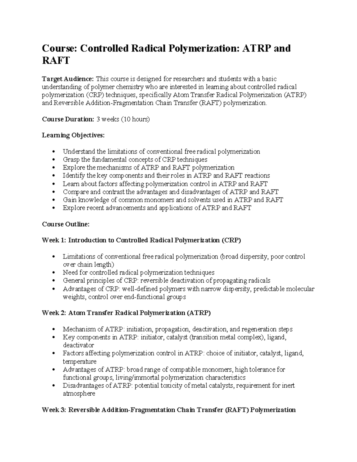 Polymer chemistry syllabus - Course: Controlled Radical Polymerization ...