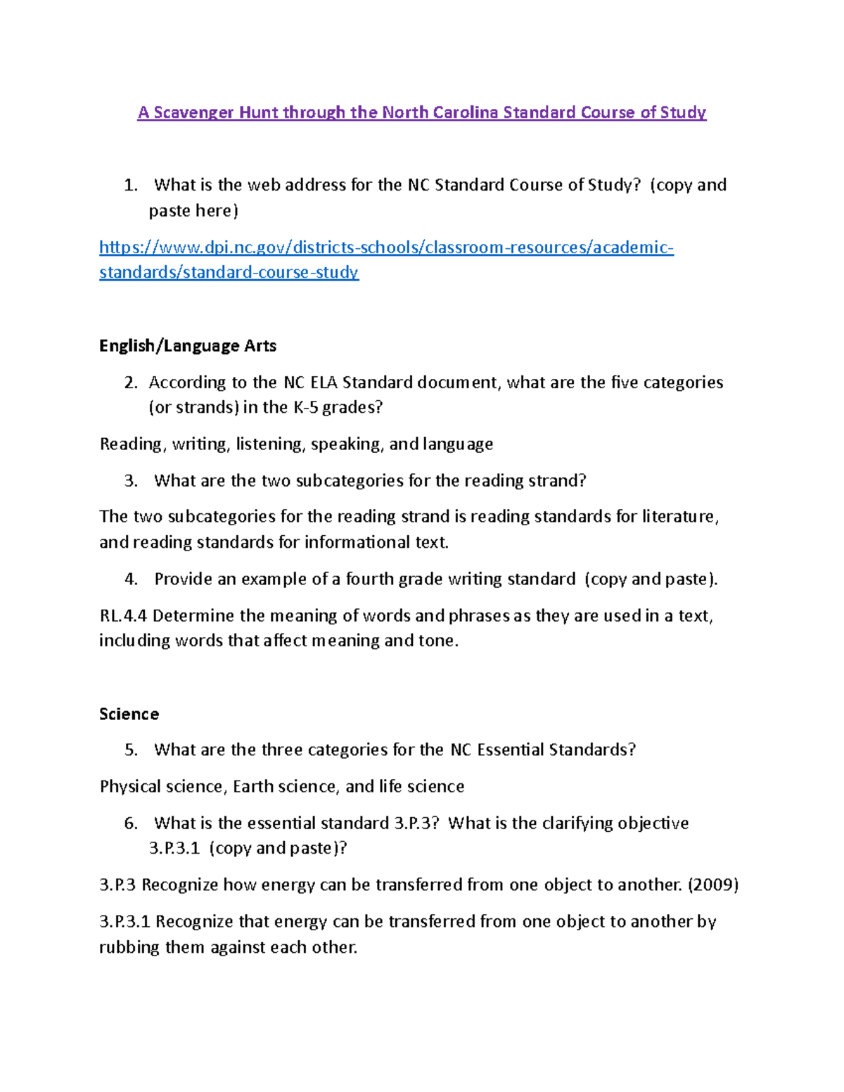 A Scavenger Hunt through the North Carolina Standard Course of Study ...