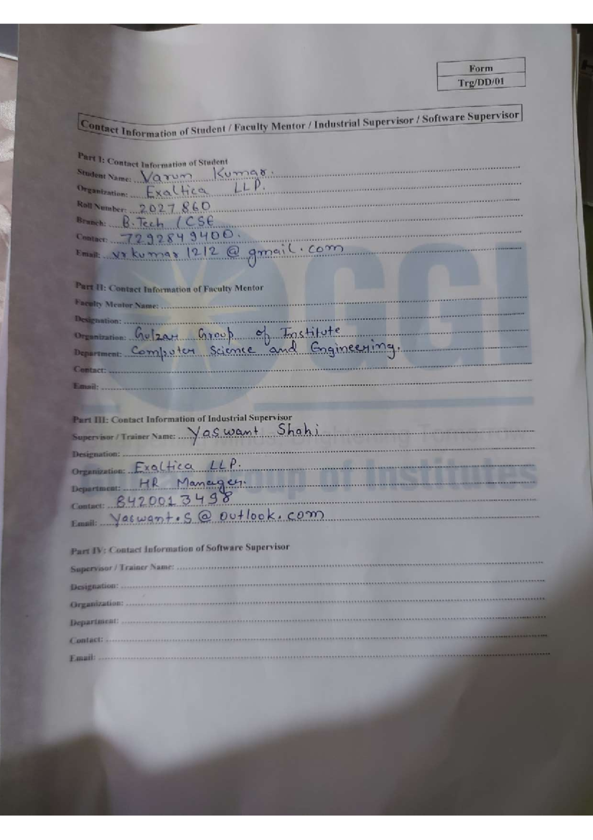 Daily dairy - Form Contact Information of Student Faculty Mentor ...