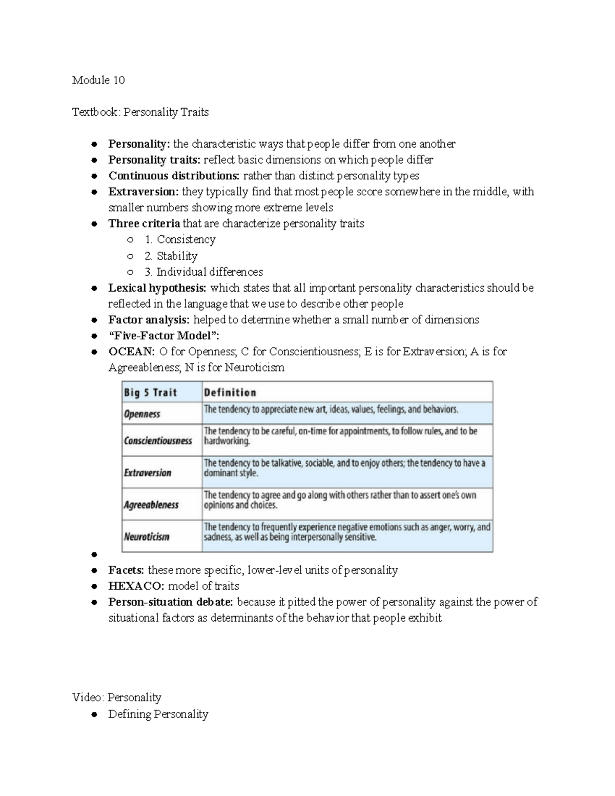 Module 10 Psychology Notes - Module 10 Textbook: Personality Traits ...