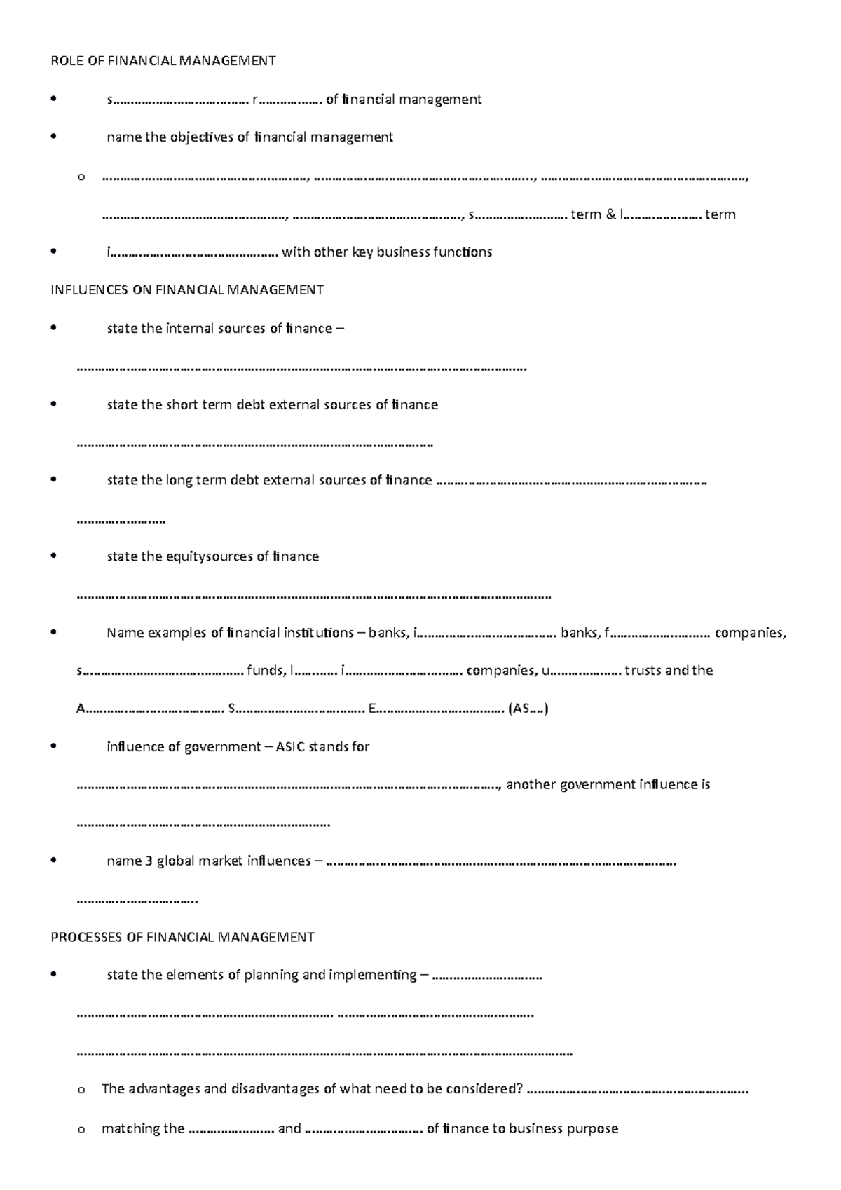 Finance syllabus - FILL IN THE BLANK - ROLE OF FINANCIAL MANAGEMENT ...