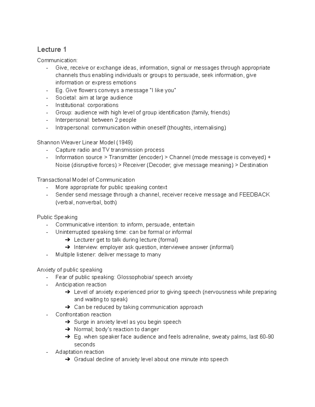 Speech and Argumentation Notes - Lecture 1 Communication: - Give ...