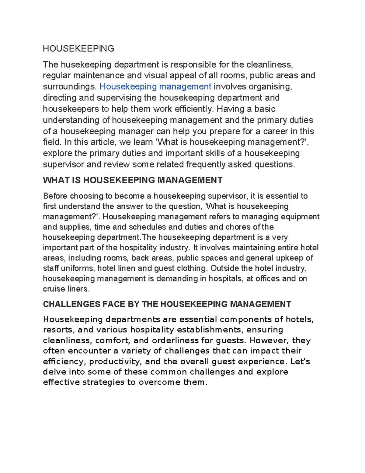 FLO- Housekeeping- Topic - HOUSEKEEPING The husekeeping department is ...