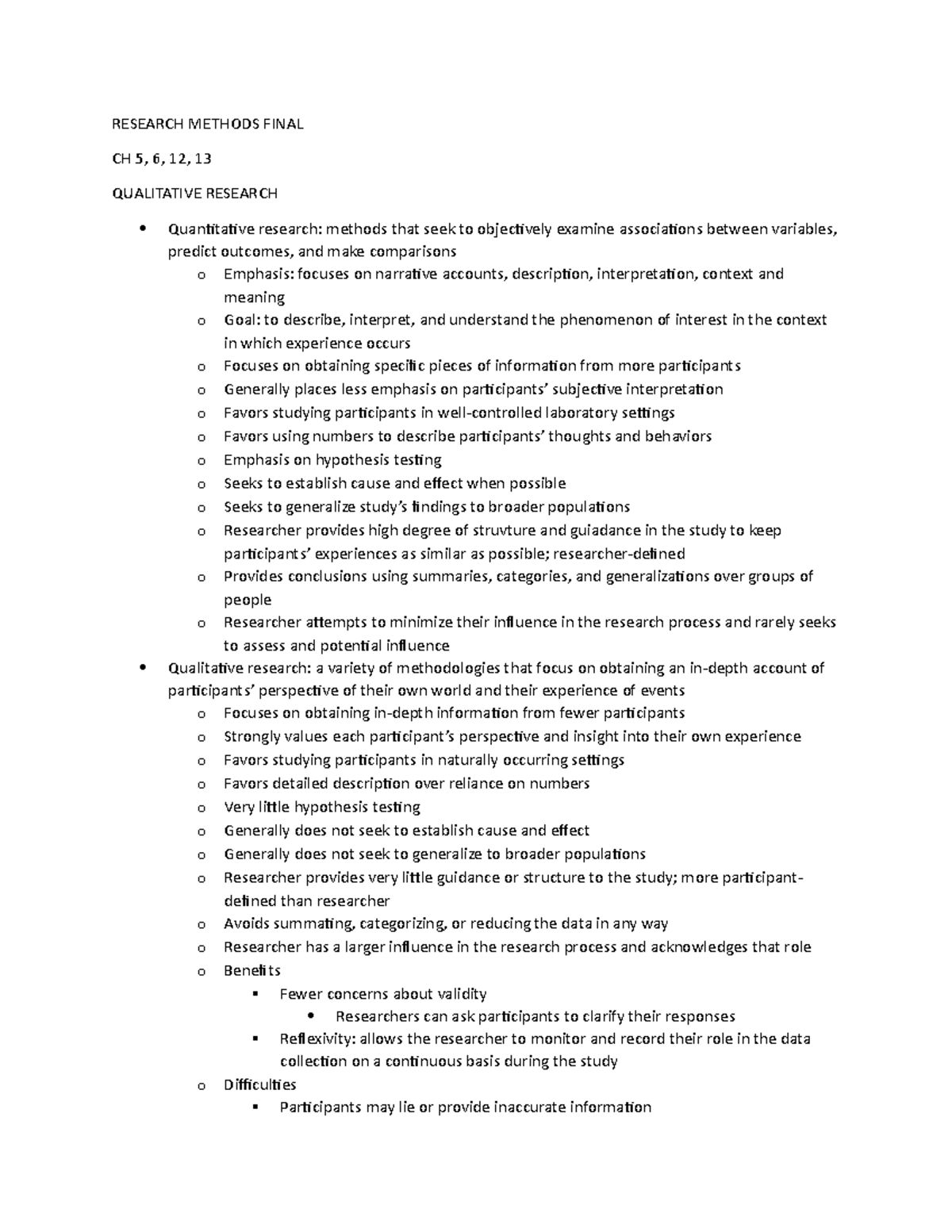 Research Methods Final - RESEARCH METHODS FINAL CH 5, 6, 12, 13 ...
