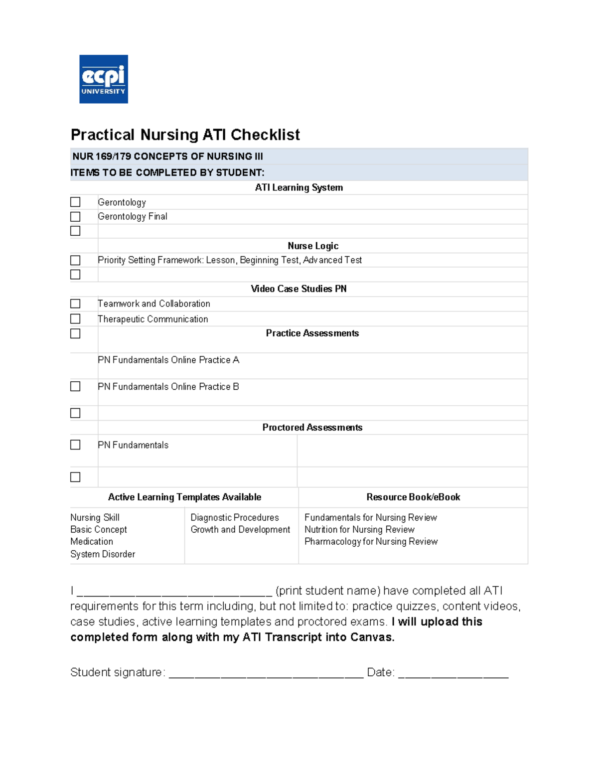 NUR169 Concepts of Nursing III ATI Course Checklist - Practical Nursing ...