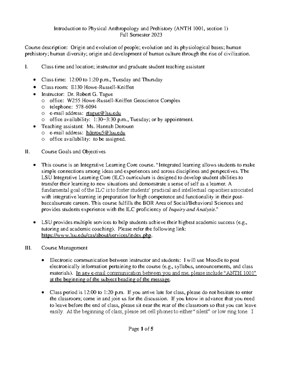 Syllabus, ANTH 1001, section 1, fall 2023 - Introduction to Physical Anthropology and Prehistory ...