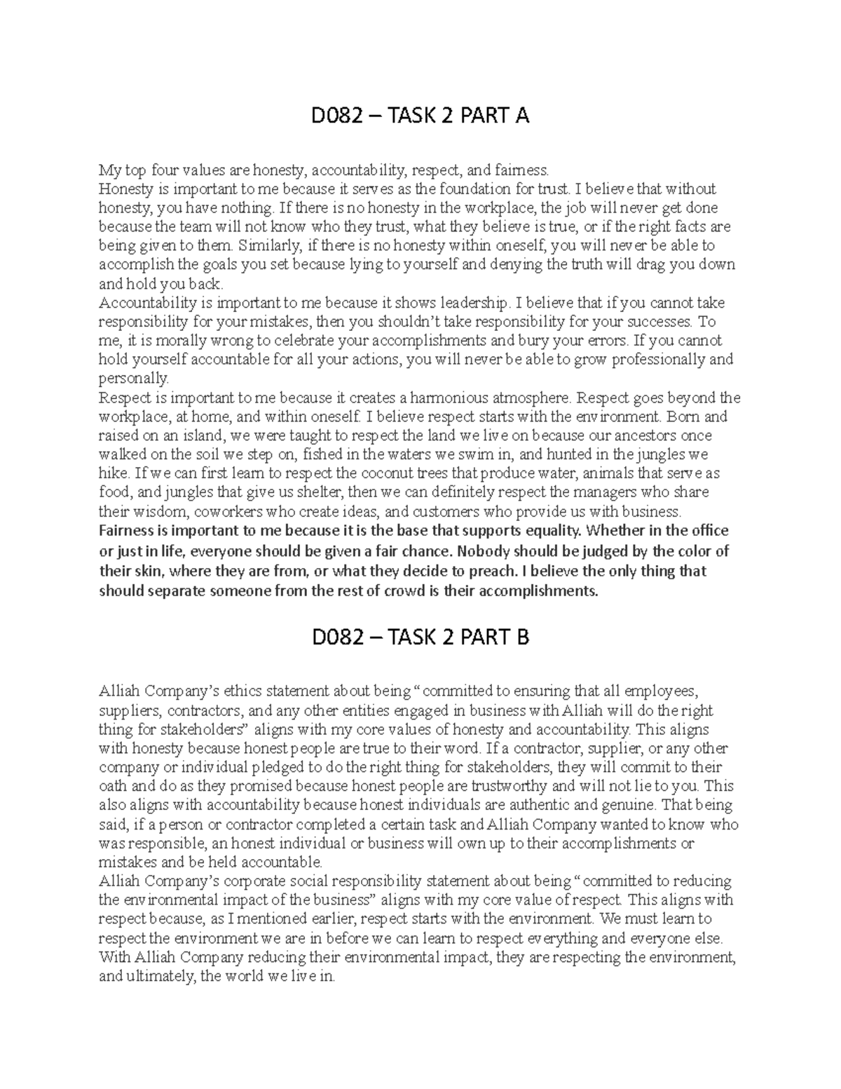 D082 - TASK 2 (ALL Parts) - D082 – TASK 2 PART A My top four values are ...