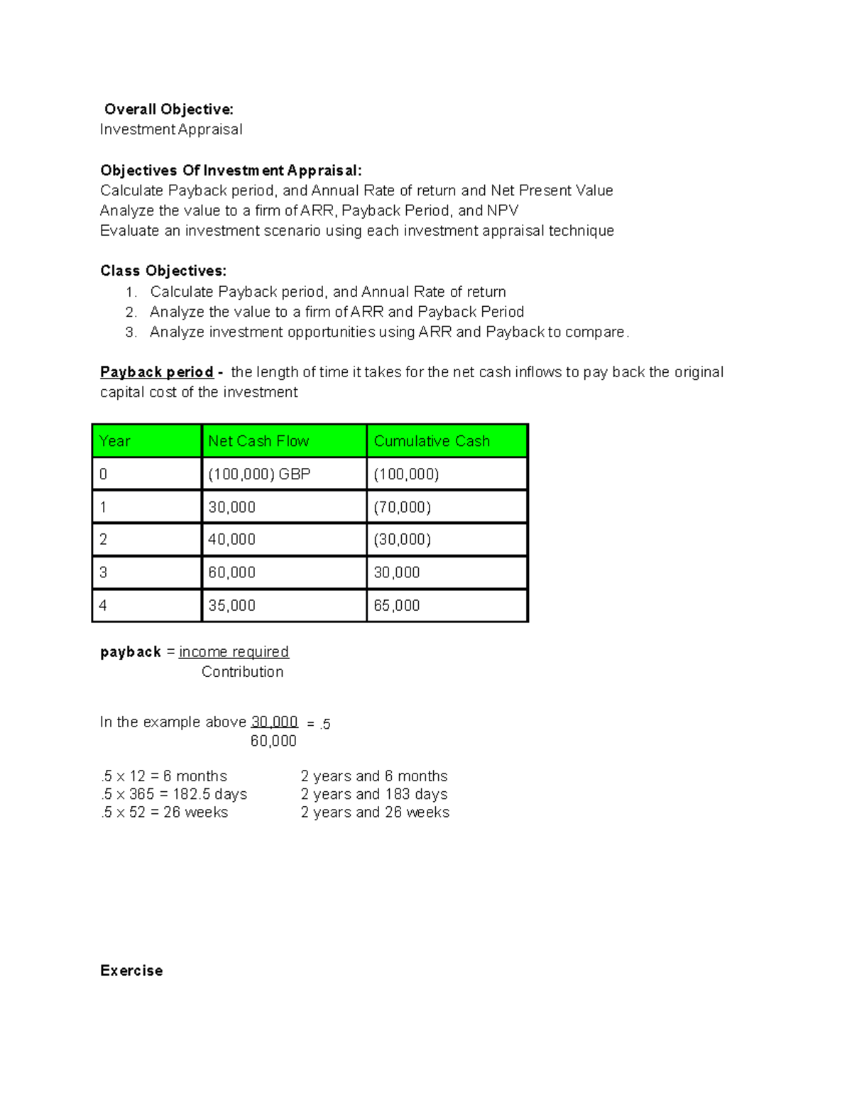 3.8 Investment Appraisal Valentina Voss payback period, ARR worksheet ...