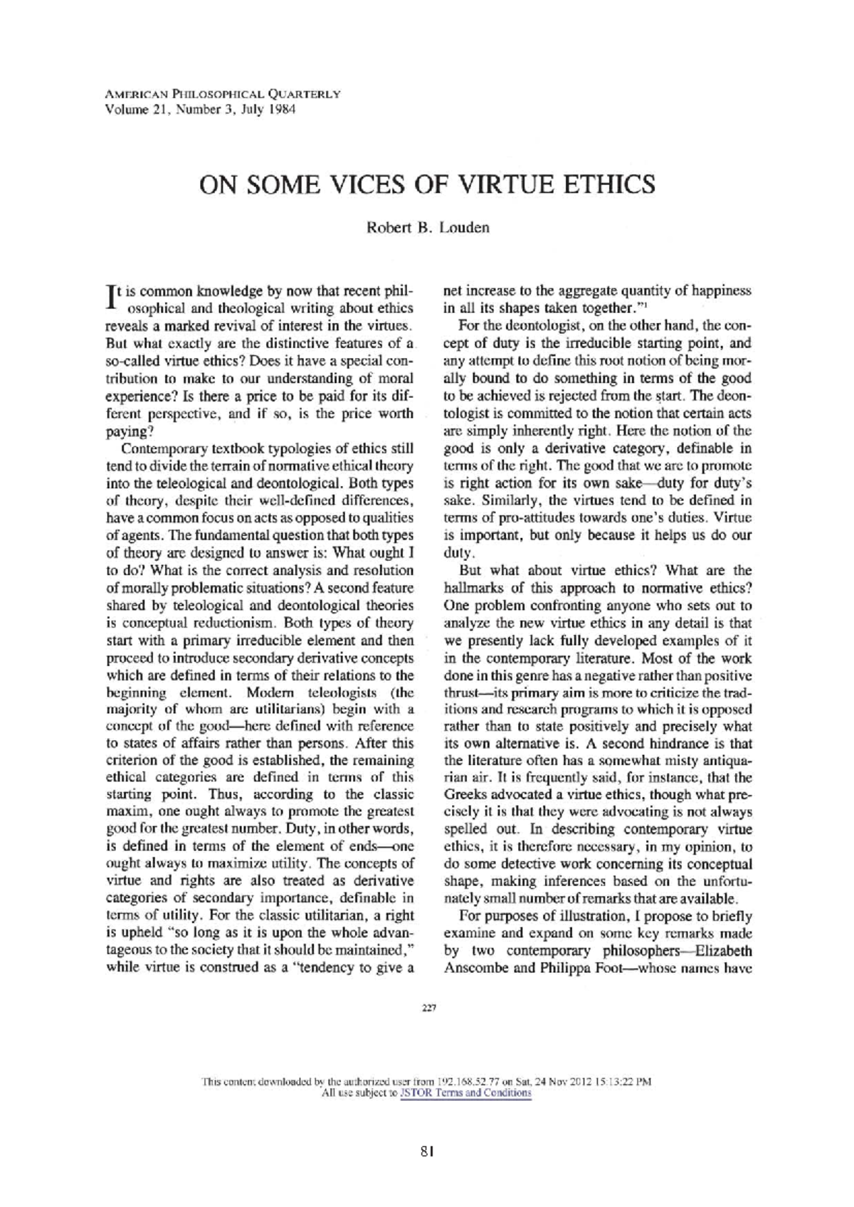 Louden - On Some Vices of Virtue Ethics - AMERICAN PHILOSOPHICAL ...