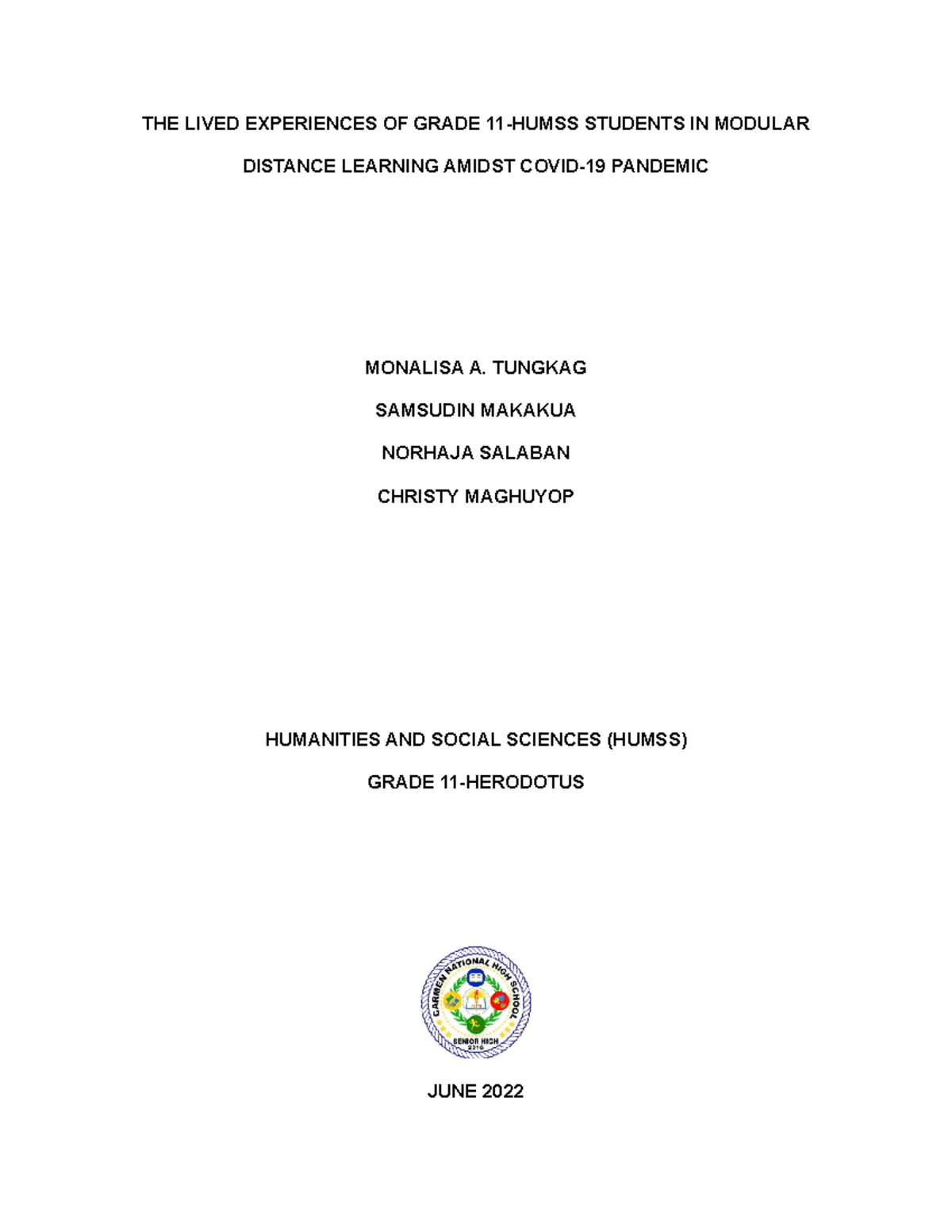 PUYA'S Pracres 1 - Practical research - THE LIVED EXPERIENCES OF GRADE 11-HUMSS STUDENTS IN ...