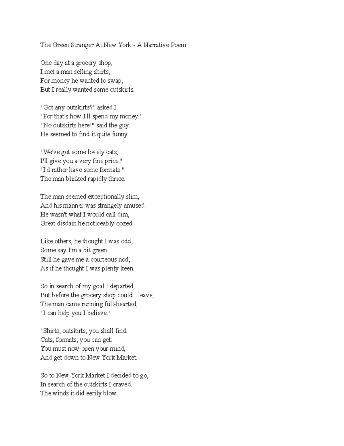 The Green Stranger At New York - A Narrative Poem - Studocu