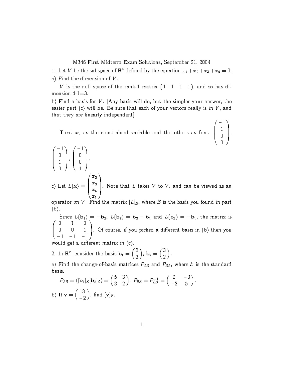 vector space and subspaces - M346 First Midterm Exam Solutions ...