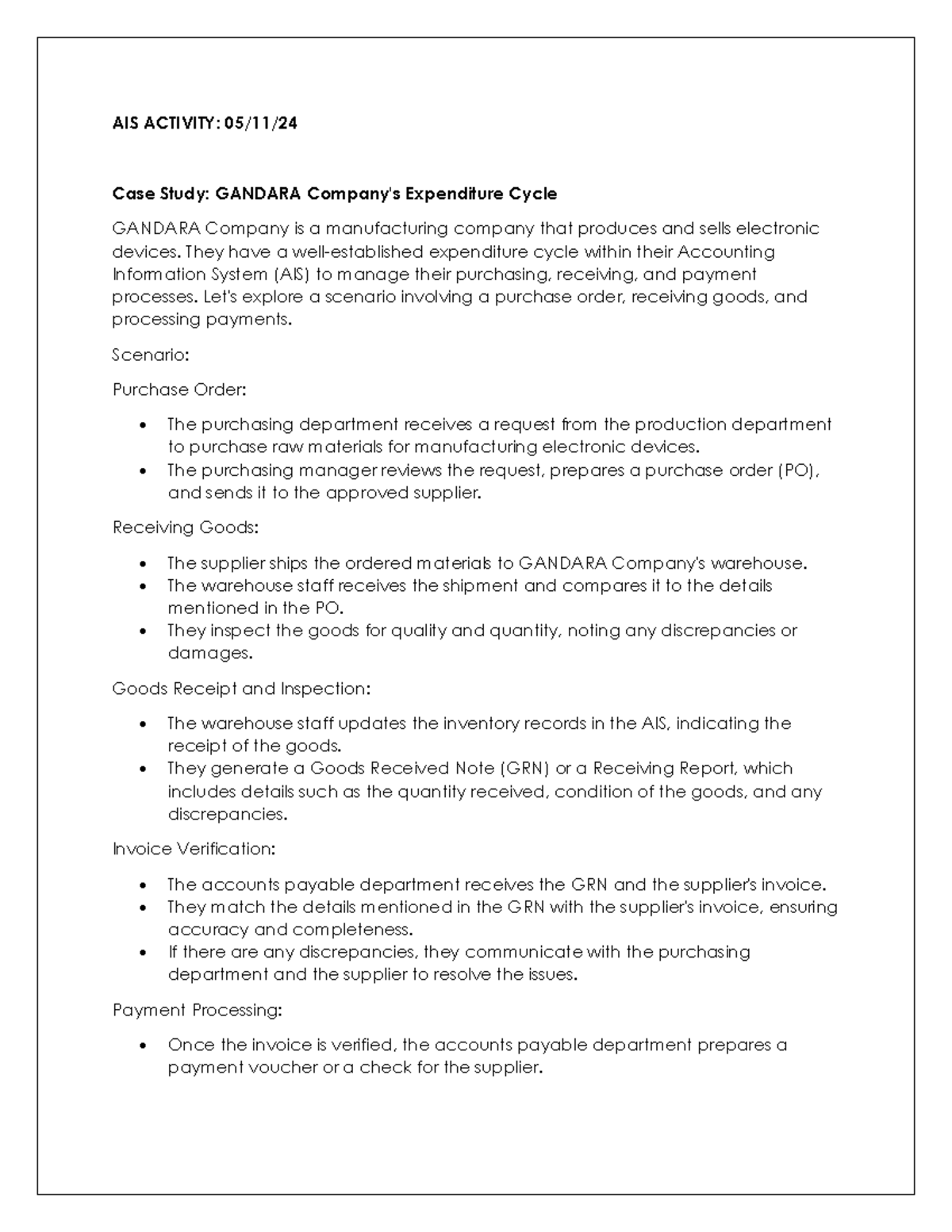 AIS THE Expenditure Cycle 05 - AIS ACTIVITY: 05/11/ Case Study: GANDARA ...