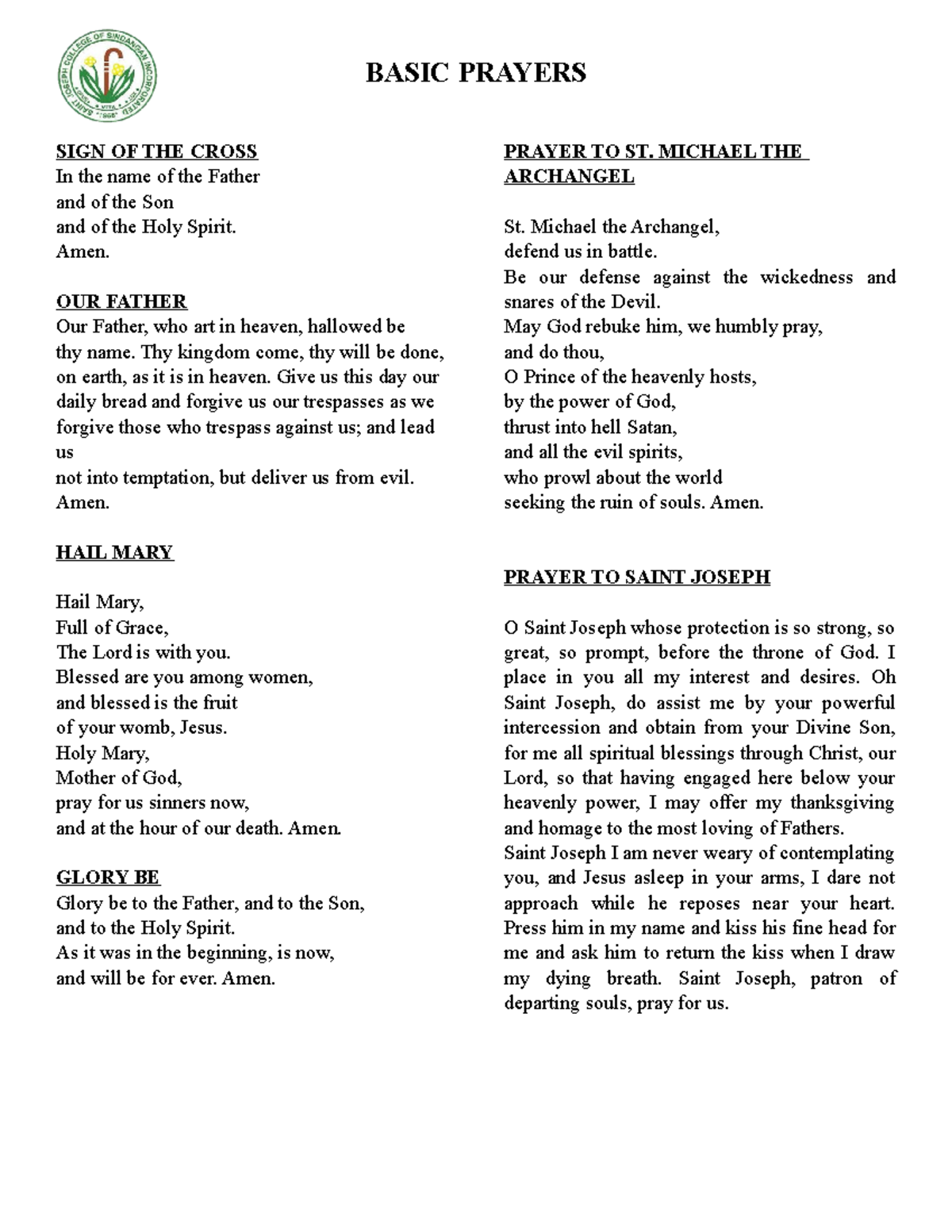 Basic-prayers - Notes for rs - BASIC PRAYERS SIGN OF THE CROSS In the ...