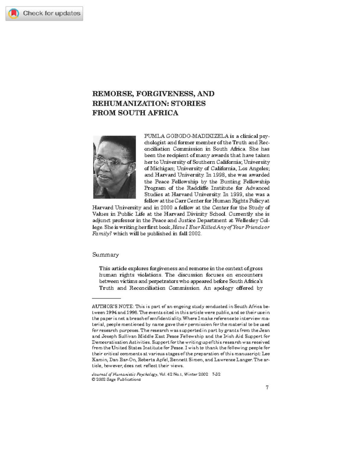 REMORSE, FORGIVENESS, AND REHUMANIZATION: STORIES FROM SOUTH AFRICA ...