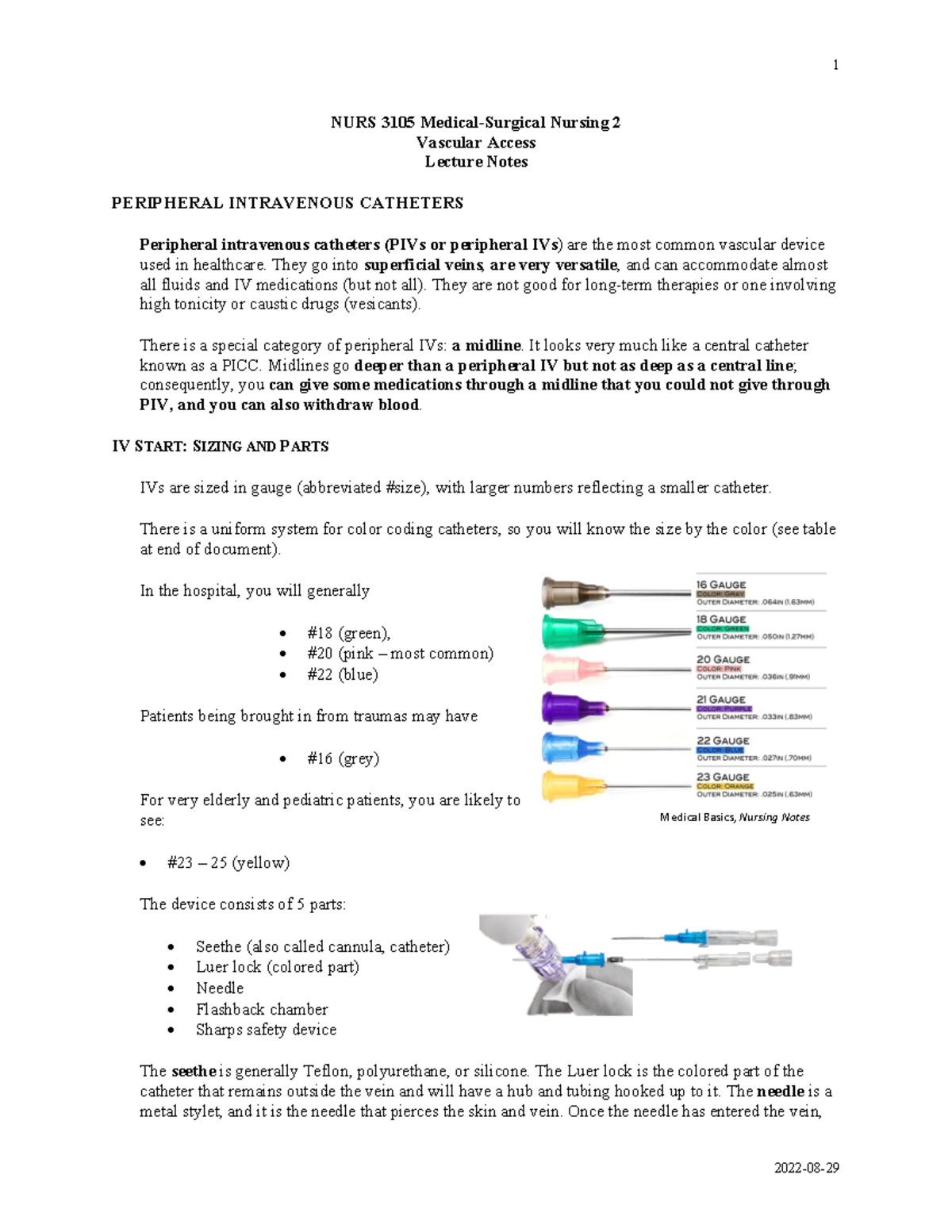 Vascular Access Notes - lecture 1 - 1 NURS 3105 Medical-Surgical ...