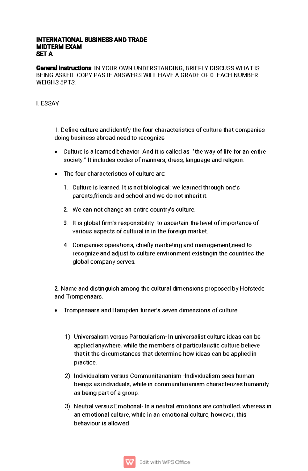 IBT Essay - INTERNATIONAL BUSINESS AND TRADE MIDTERM EXAM SET A General ...