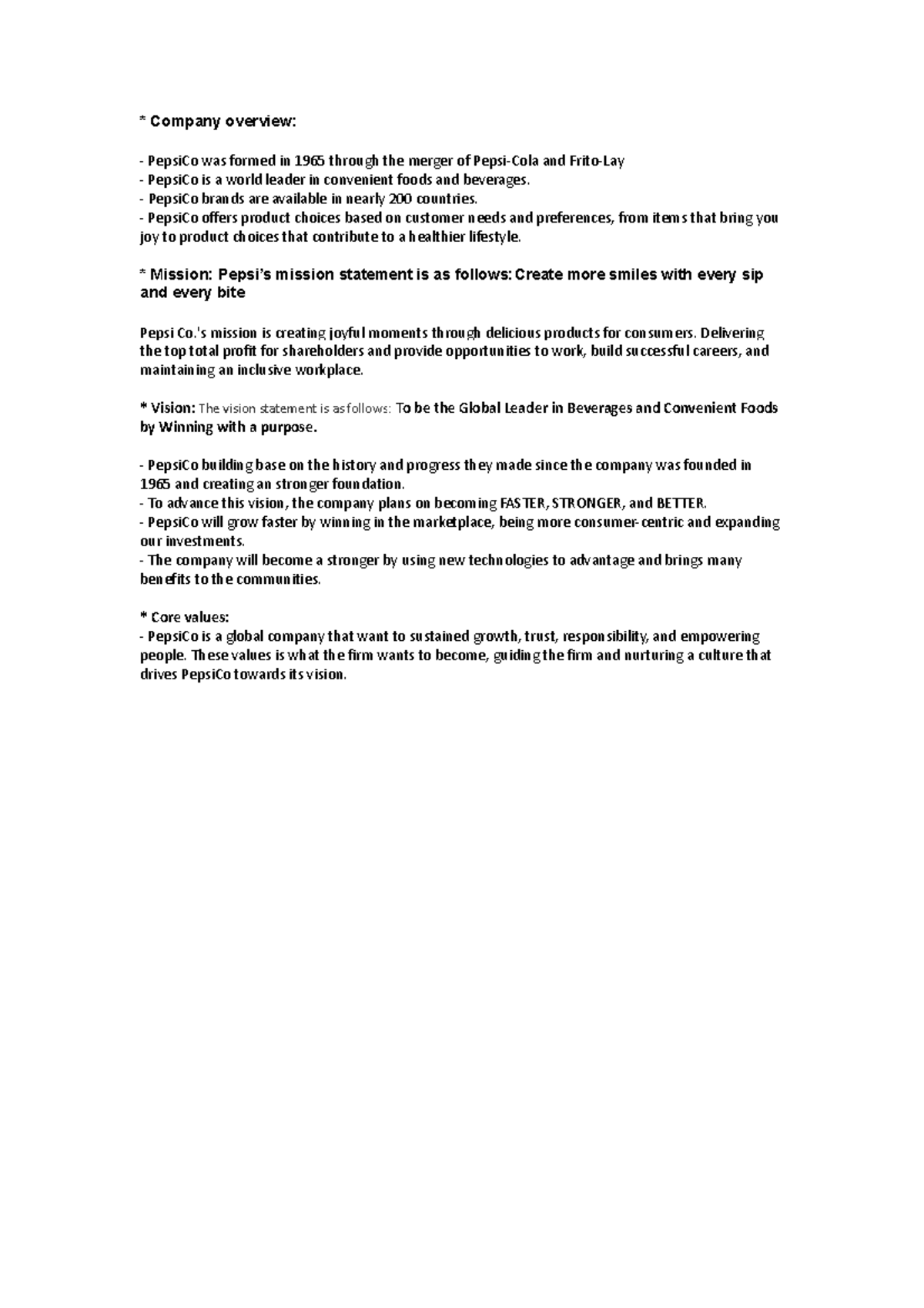 Company overview - Company overview: PepsiCo was formed in 1965 through ...