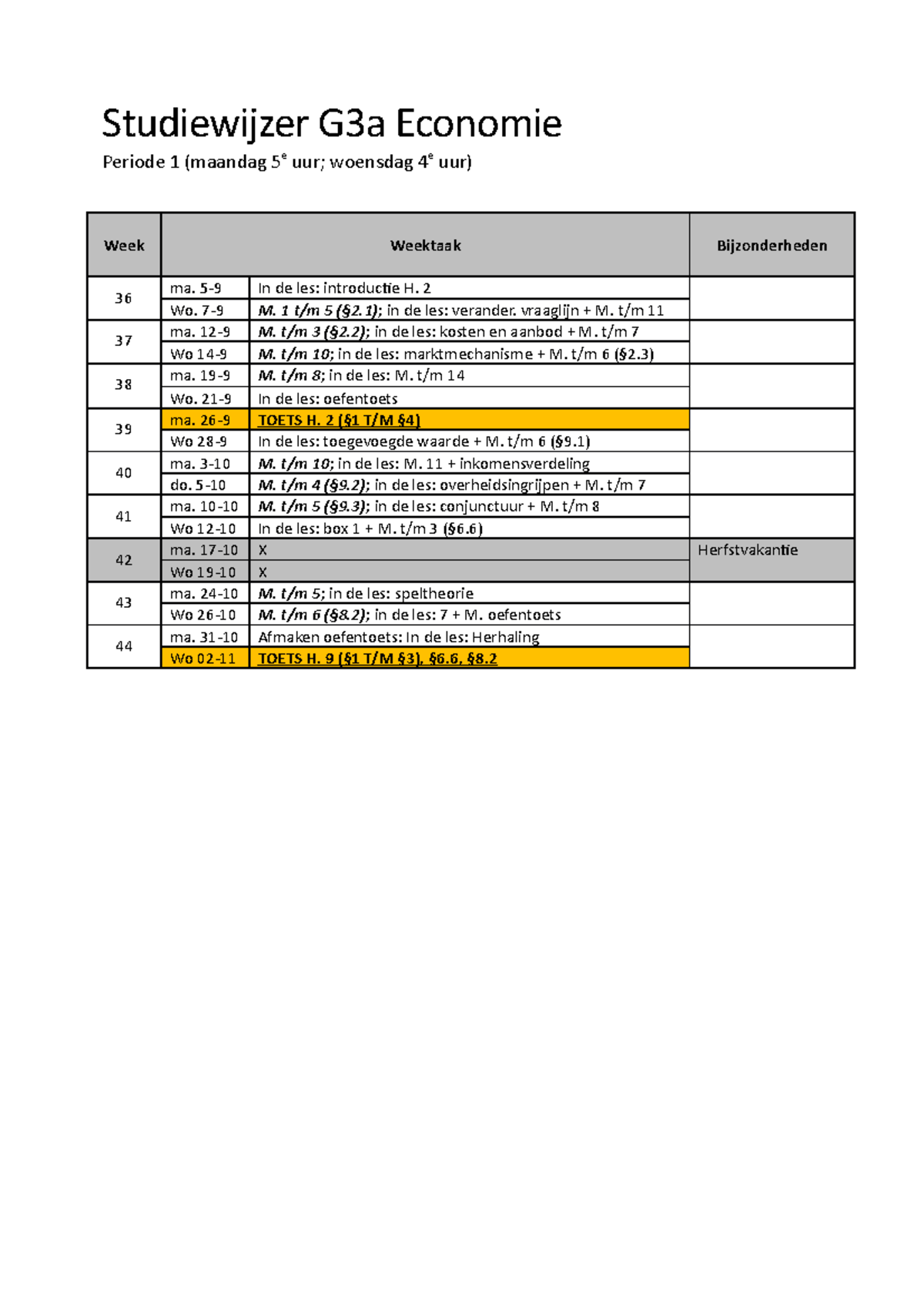 Studiewijzer G3a P1 2022-2023 - Week Weektaak Bijzonderheden 36 ma. 5-9 In de les: introductie H ...