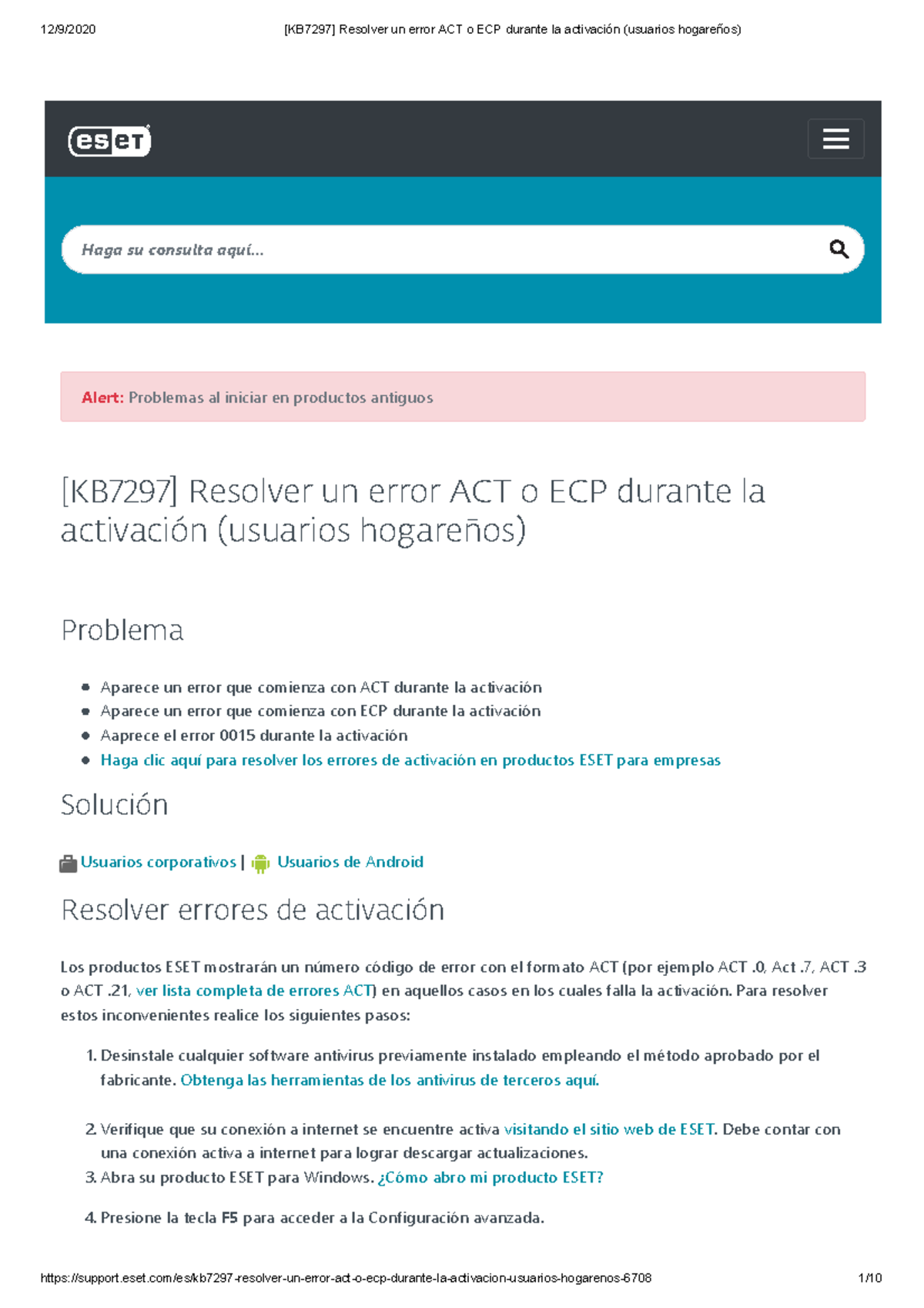 [KB7297] Resolver un error ACT o ECP durante la activación (usuarios ...