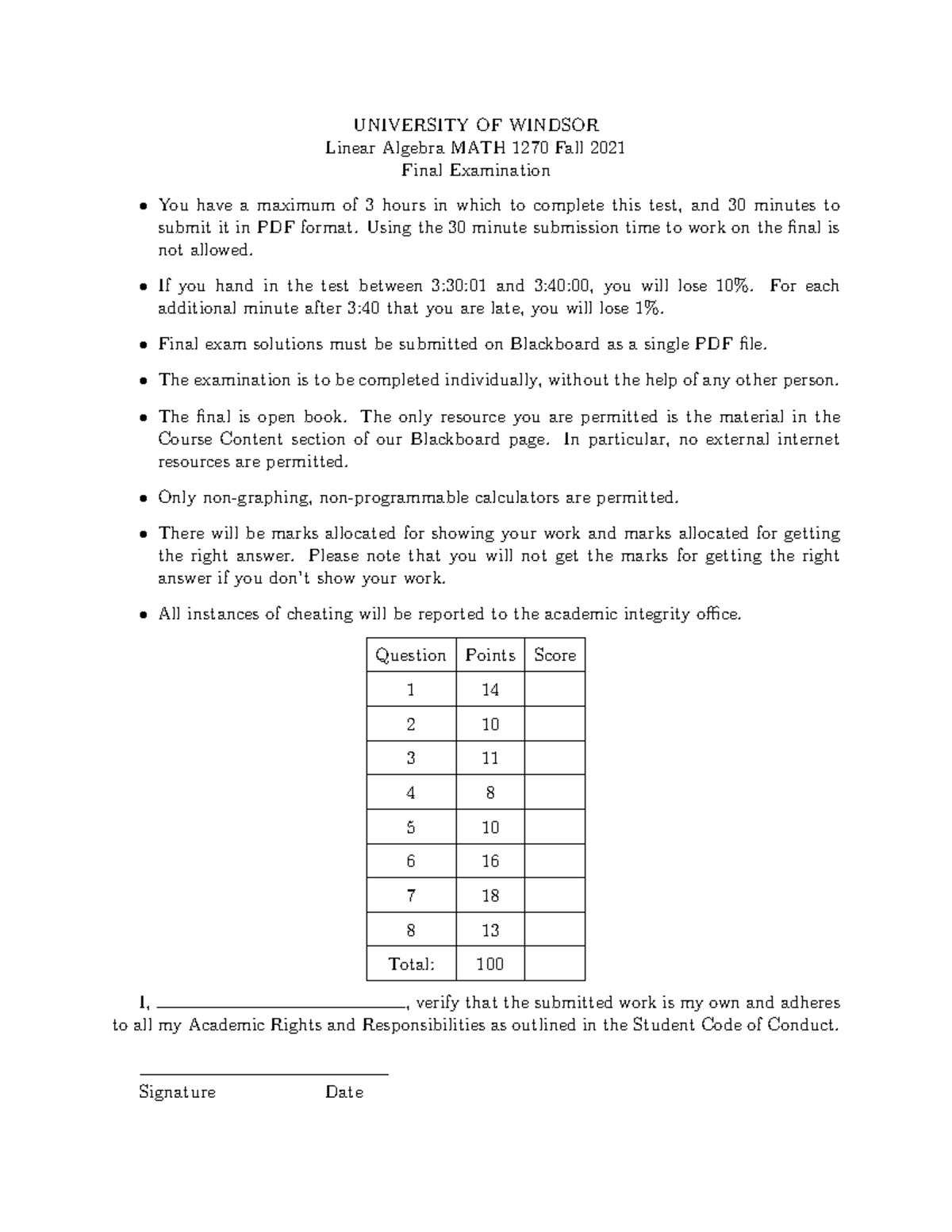 MATH1270 Fall Final 2021 - UNIVERSITY OF WINDSOR Linear Algebra MATH ...