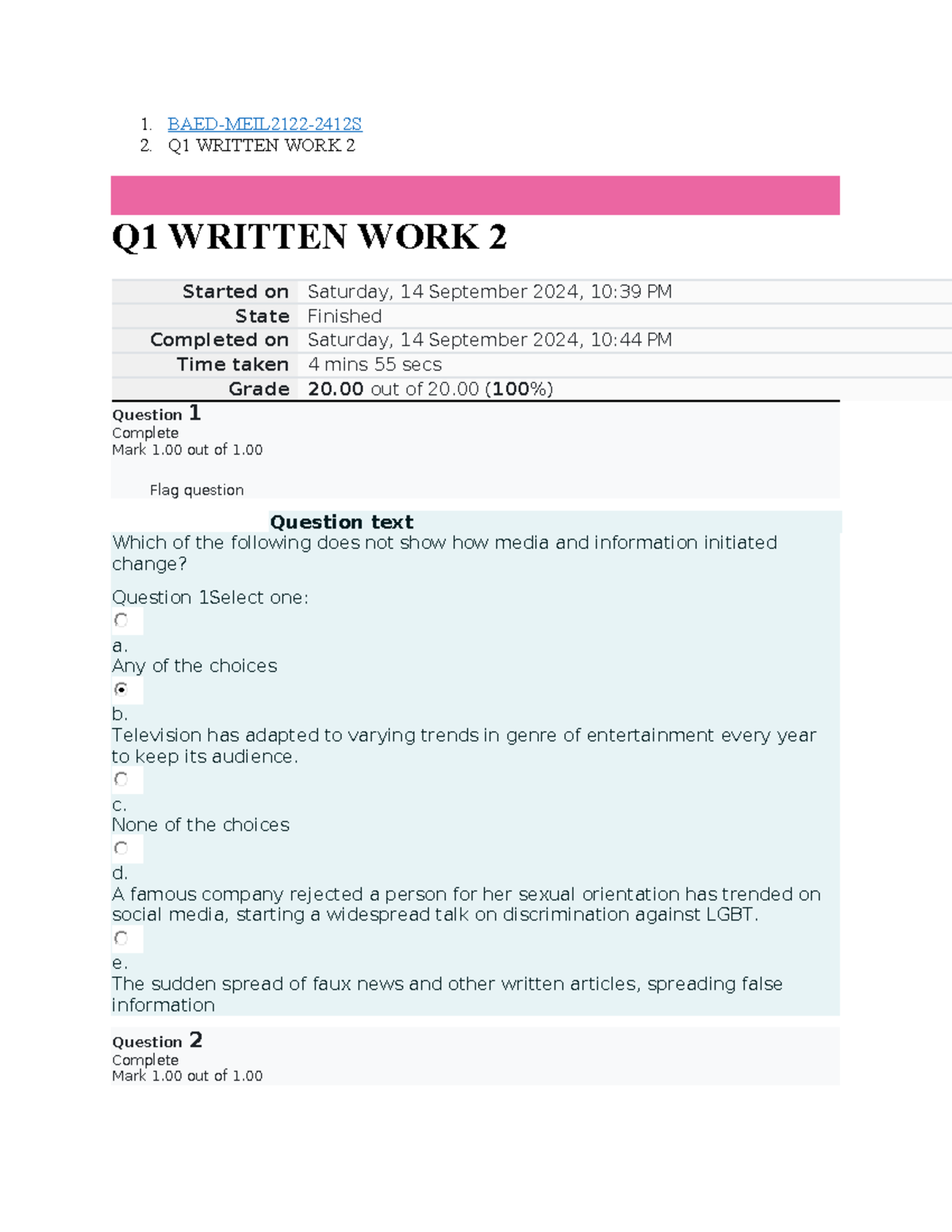 BAED2 - WRITTEN WORK 2 - 1. BAED-MEIL2122-2412S 2. Q1 WRITTEN WORK 2 Q1 WRITTEN WORK 2 Started ...