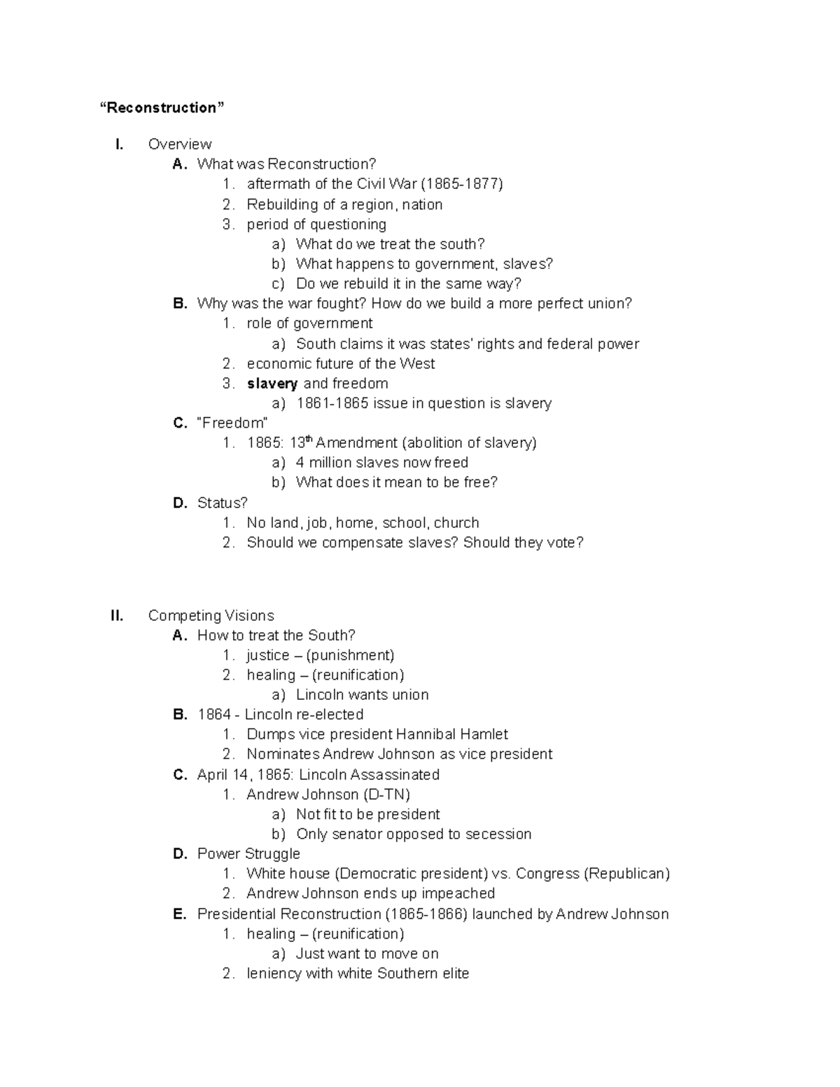 HIST 2301 Lecture Notes - Exam 1 - “Reconstruction” I. Overview A. What ...