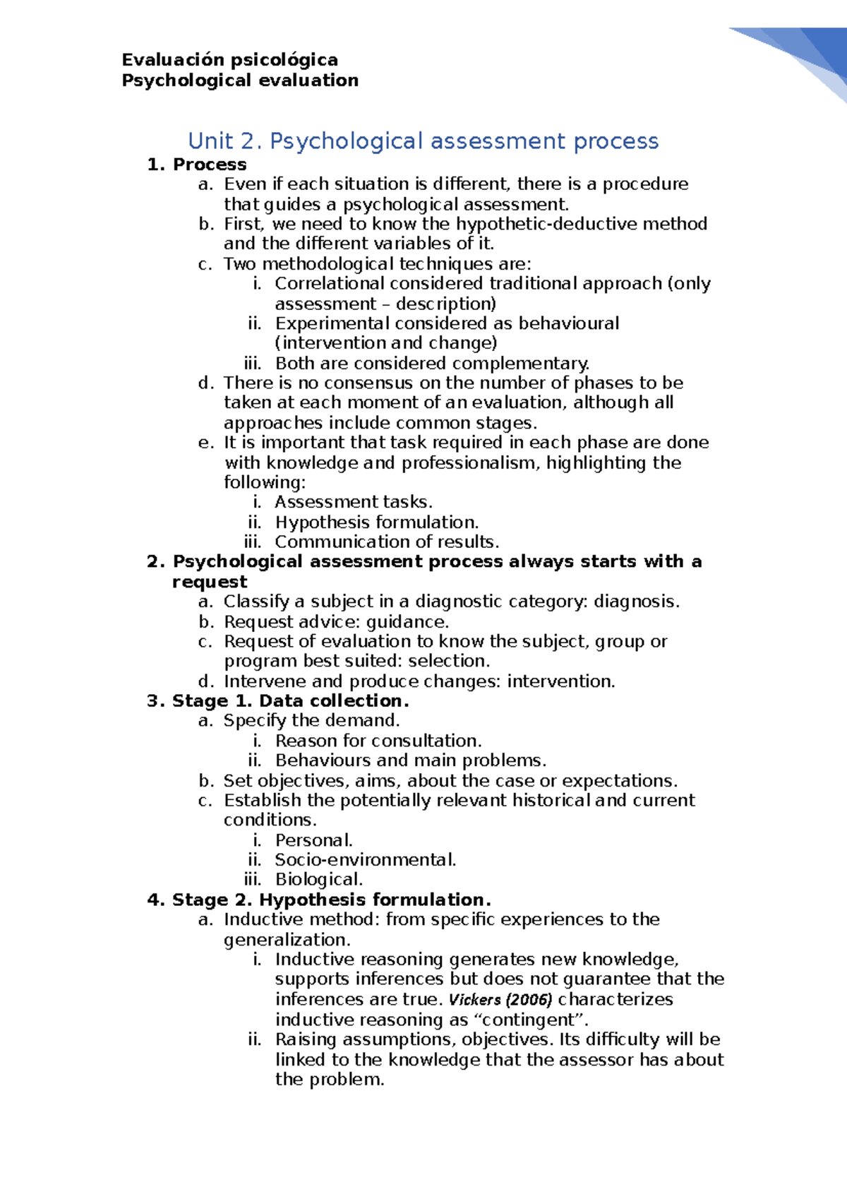 Unit 2. Psychological assessment process - Evaluación psicológica ...