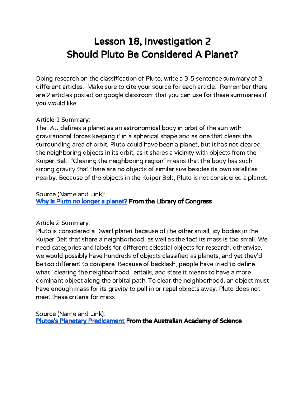 Should Pluto be considered a Planet (DL) - Lesson 18, Investigation 2 ...