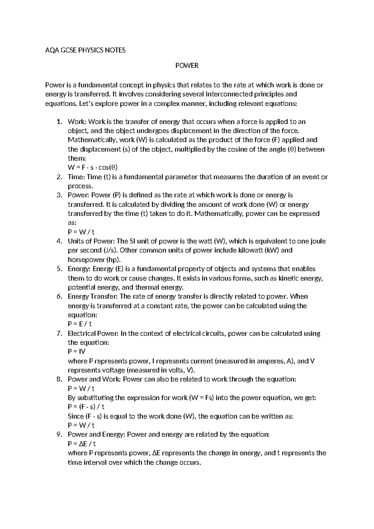 Power GCSE Physics AQA - AQA GCSE PHYSICS NOTES POWER Power is a ...