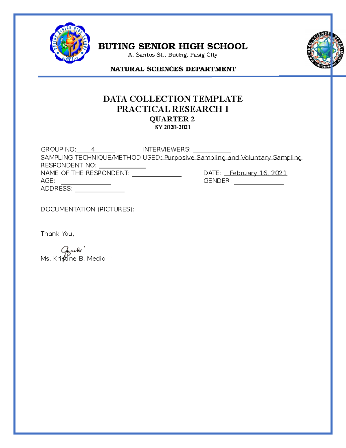 DATA- Collection- Template - BUTING SENIOR HIGH SCHOOL A. Santos St ...