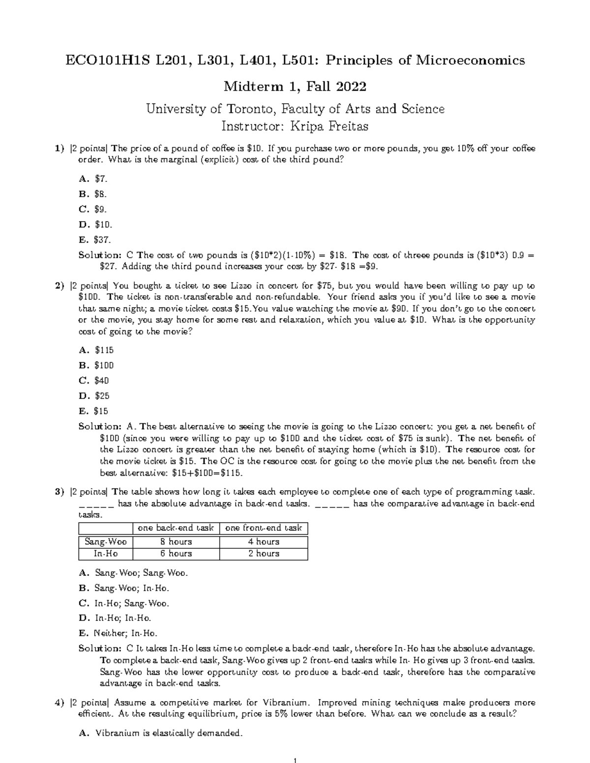 ECO101 Midterm 1 - Questions and Solutions - ECO101H1S L201, L301, L401, L501: Principles of ...