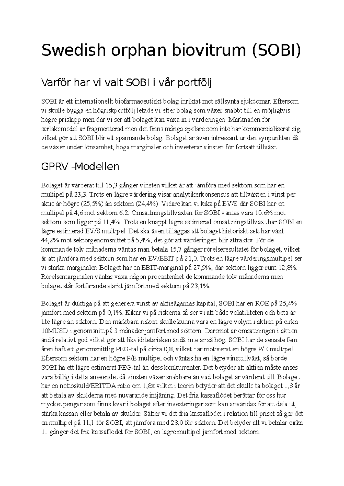 Inlämningsuppgift kapitalmarknadsstrategier - Swedish orphan biovitrum ...