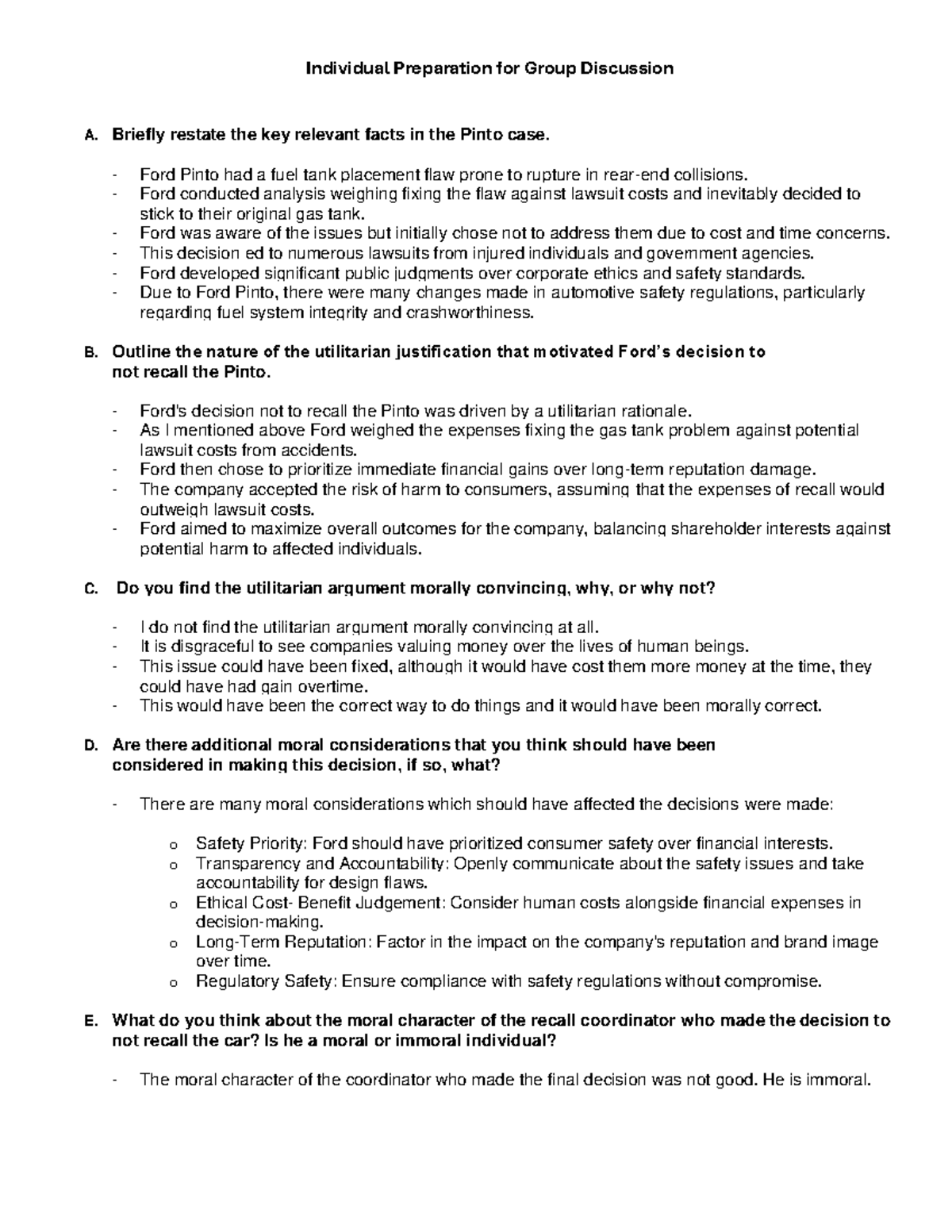 Pinto Case Individual - Individual Preparation for Group Discussion A ...