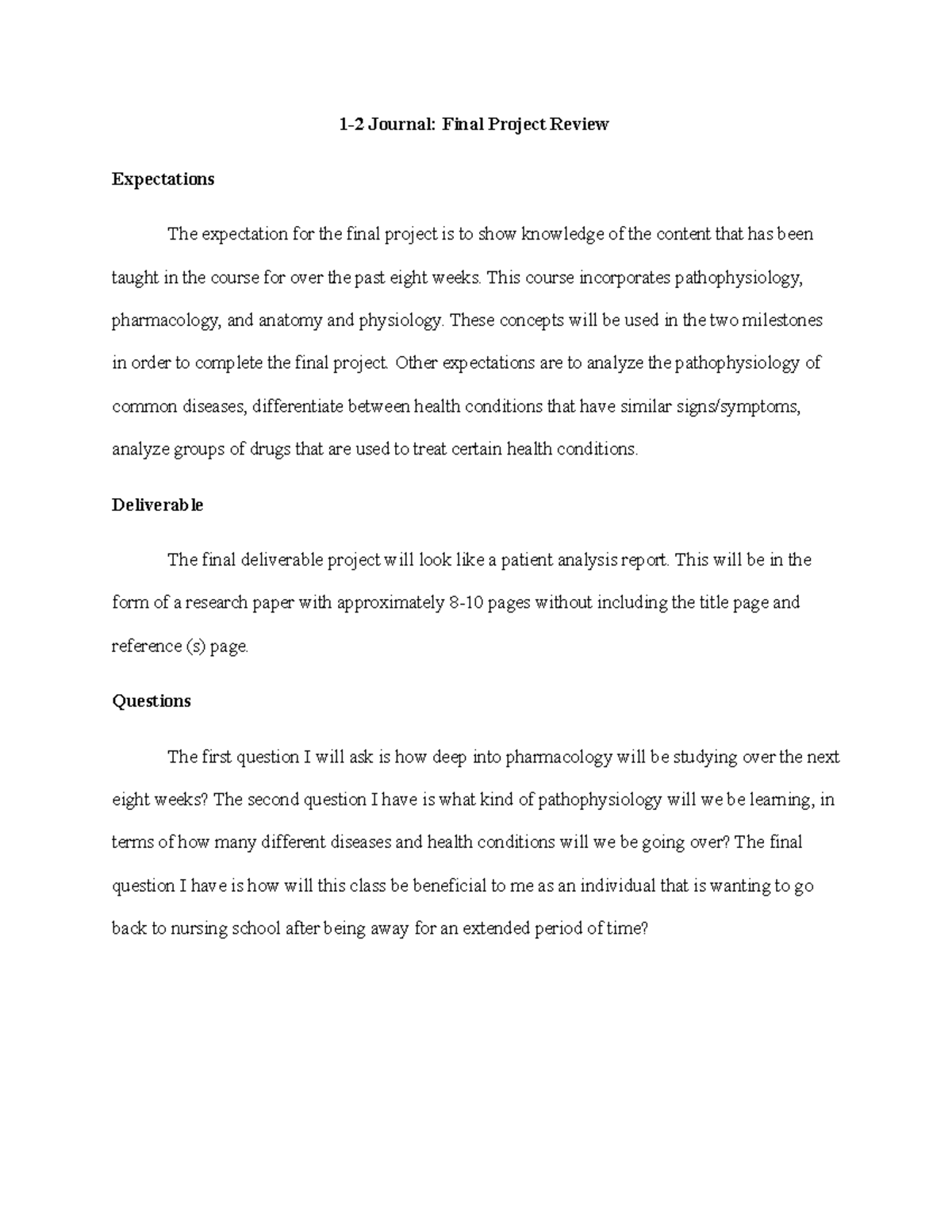 Final Project Review - Journal assignment for Week 1 - 1-2 Journal ...